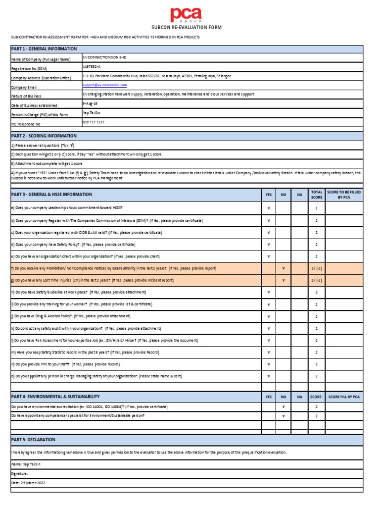 Sub Contractor Assessment (Rev 3-2022) - EV CONNECTION SDN BHD | PDF
