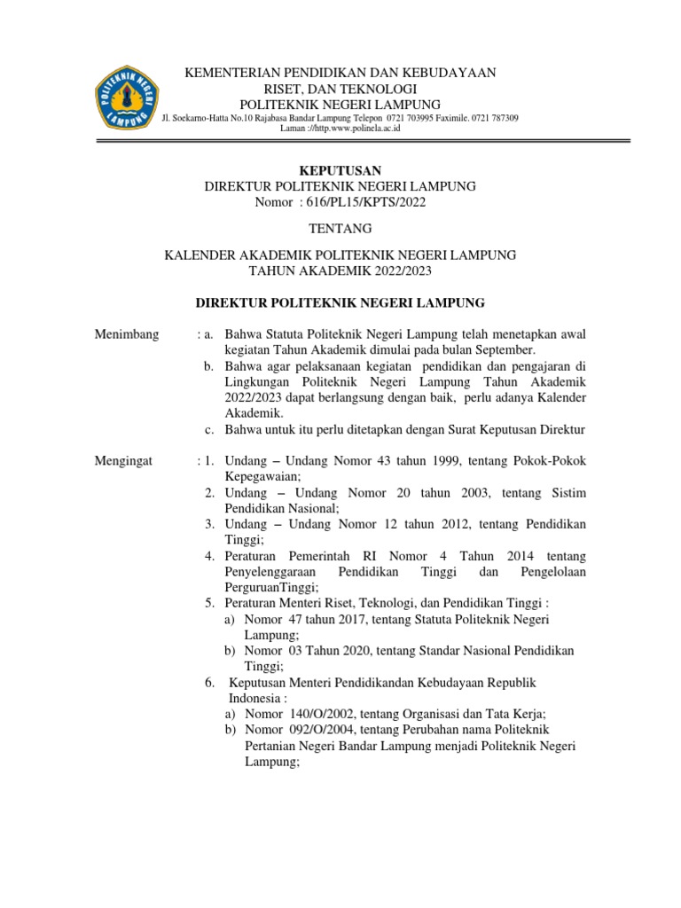 SK Kalender Akademik 2022-2023-2 | PDF