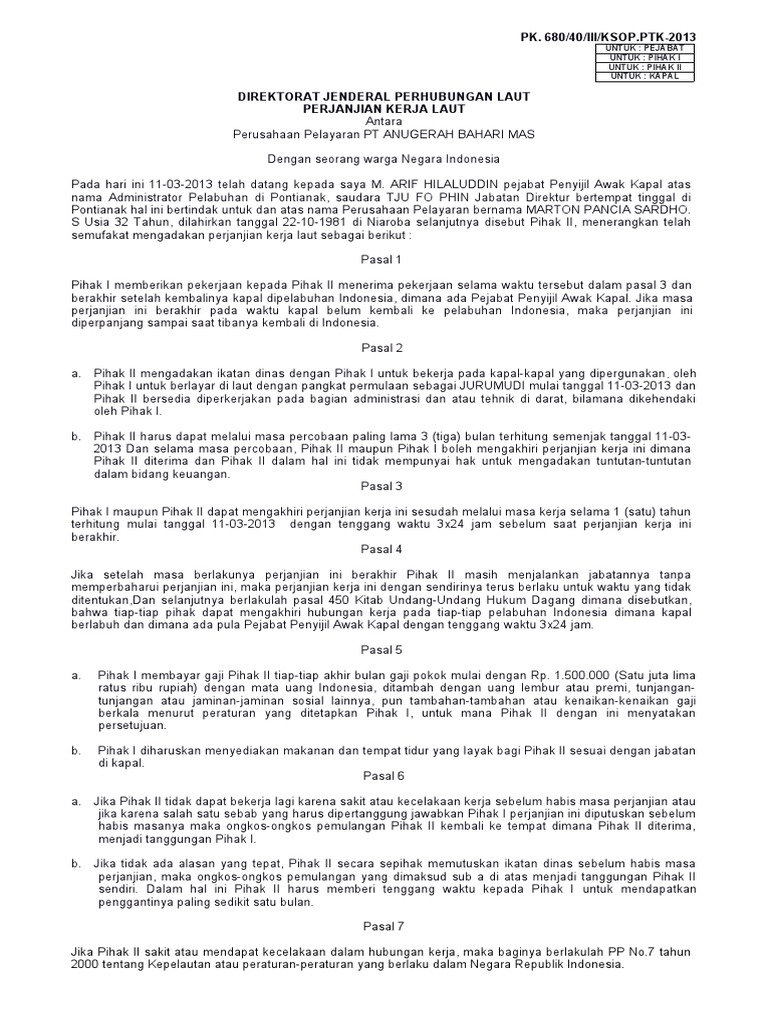 PERJANJIAN KERJA LAUT | PDF