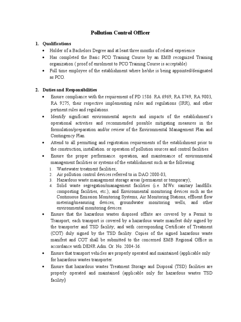 Job Description, Duties and Responsibilities of Pollution Control ...