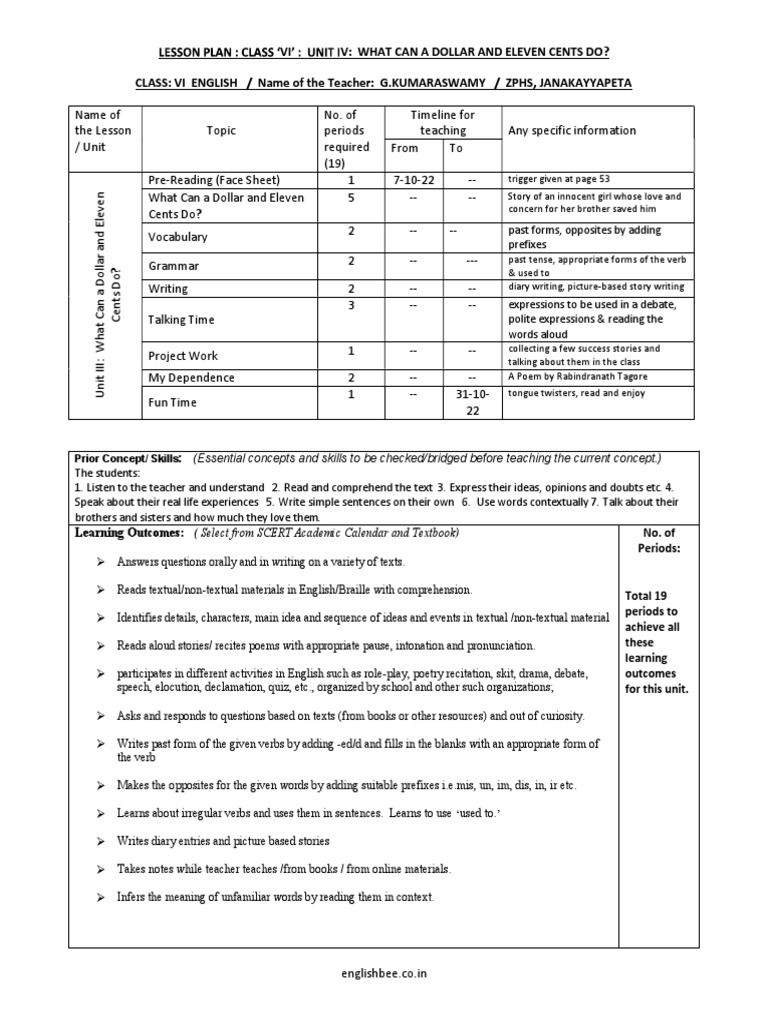 Class Vi' Unit Iv What Can A Dollar and Eleven Cents Do | PDF