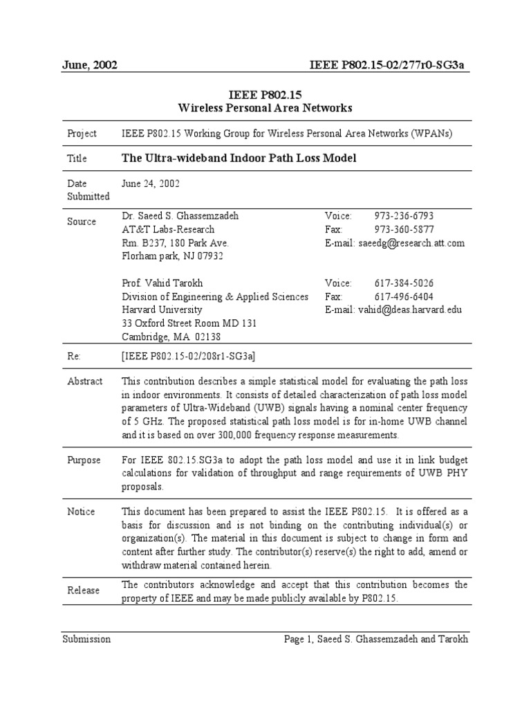 02277r0p802 15 Sg3a 802 15 Uwb Propagation Path Loss Model Pdf