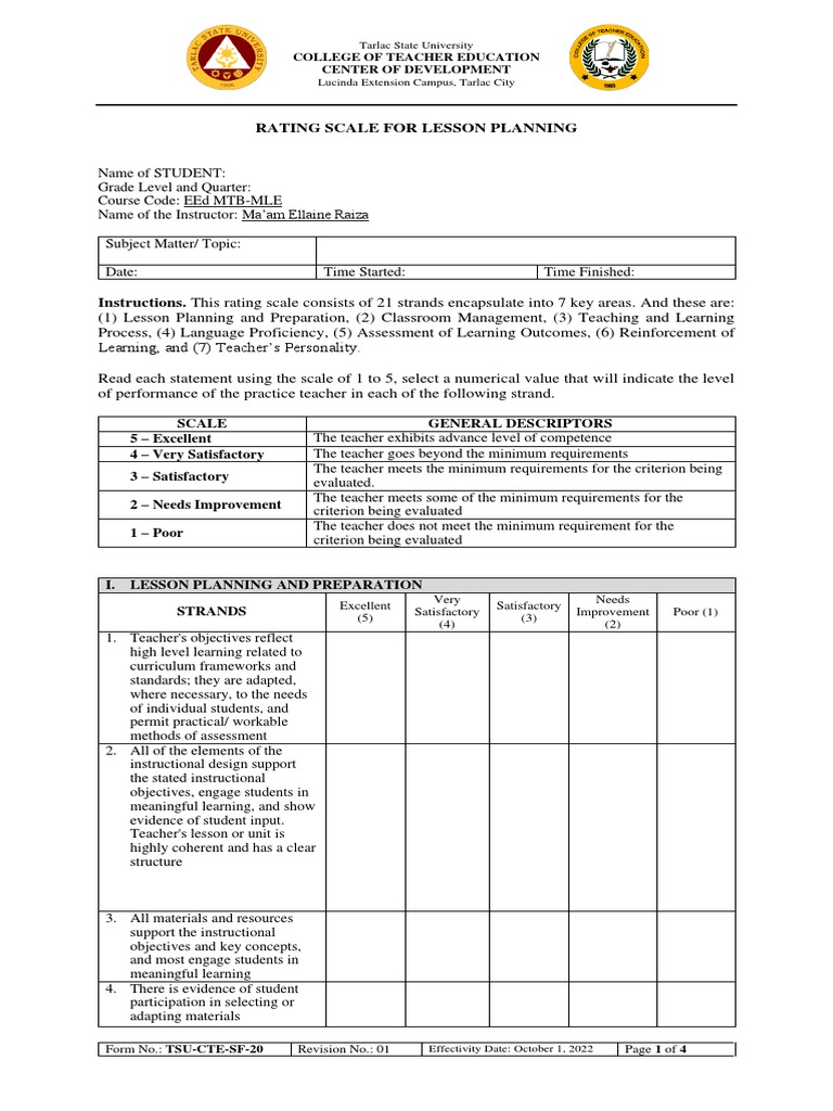 Lesson Planning Rating Guide | PDF