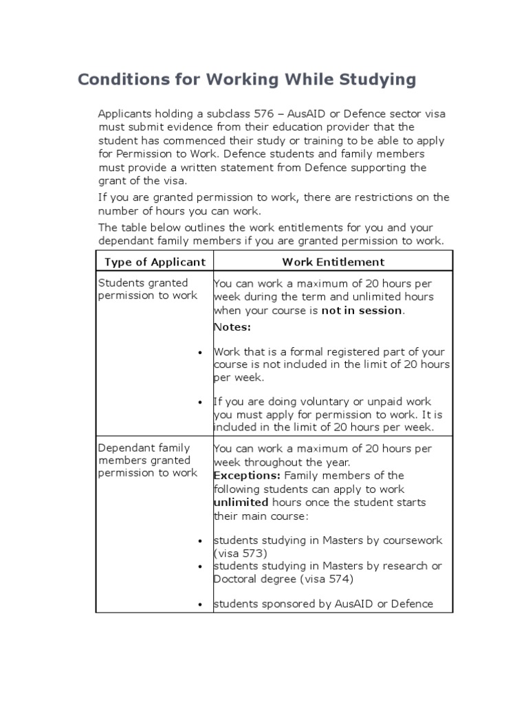 Conditions For Working While Studying: Type of Applicant Work ...