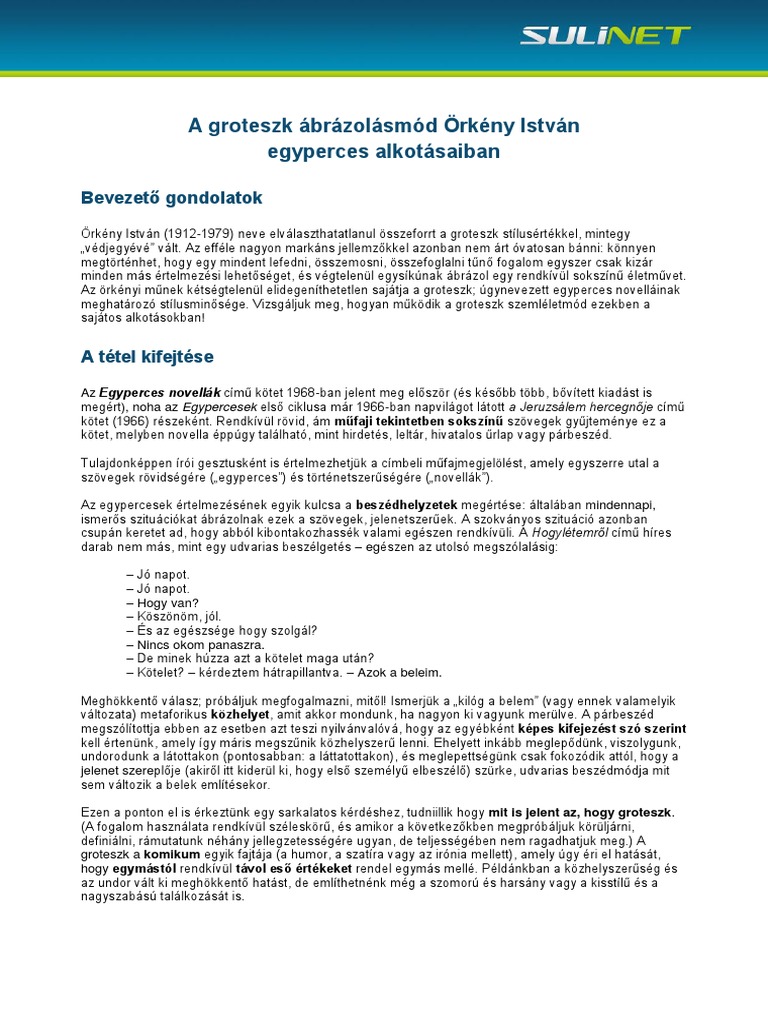 A Groteszk Abrazolasmod Orkeny Istvan Egyperces Alkotasaiban | PDF