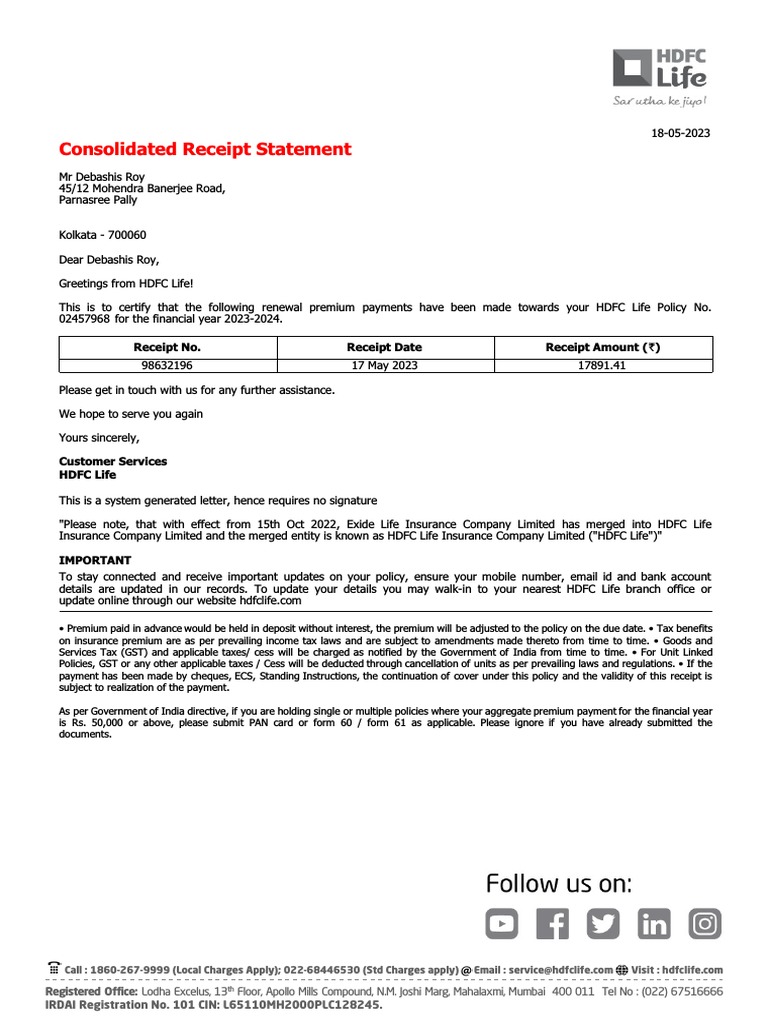 HDFC Life Insurance Premium Receipt 2023 | PDF | Insurance | Money