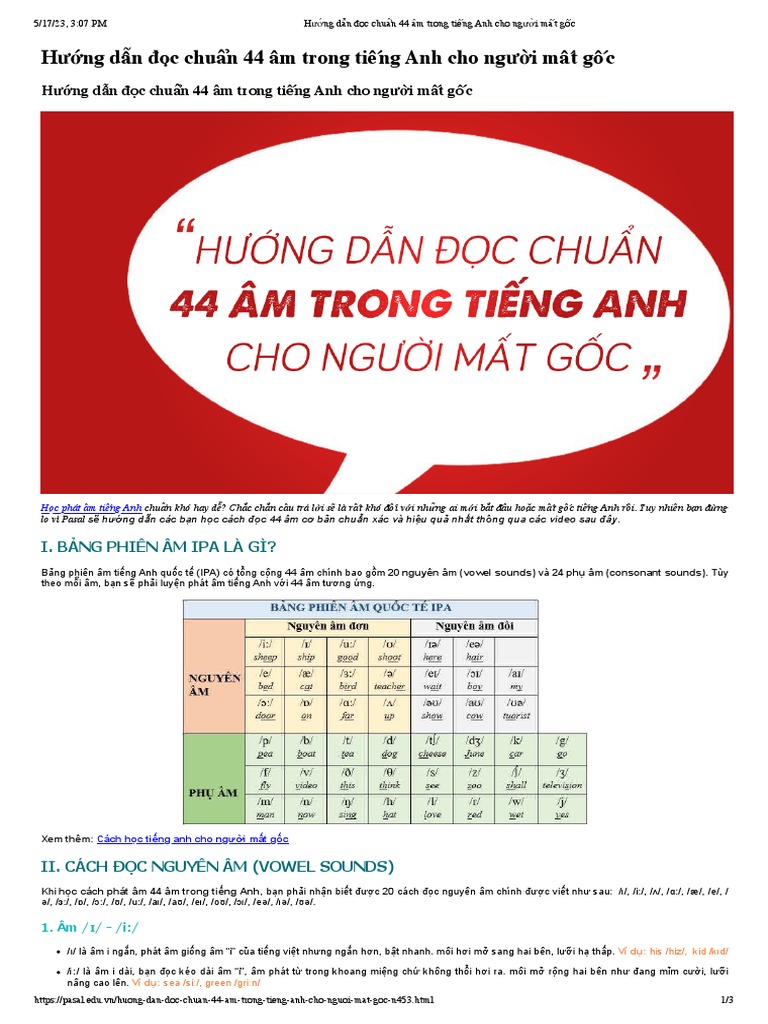 Huong Dan Phat Am 44 Am Tieng Anh Cho Nguoi Mat Goc | PDF