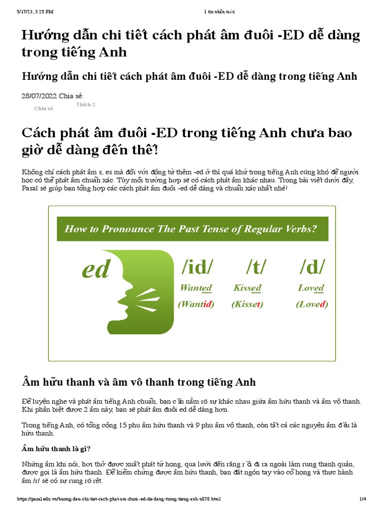Hướng Dẫn Chi Tiết Cách Phát Âm Đuôi - ED Dễ Dàng Trong Tiếng Anh | PDF