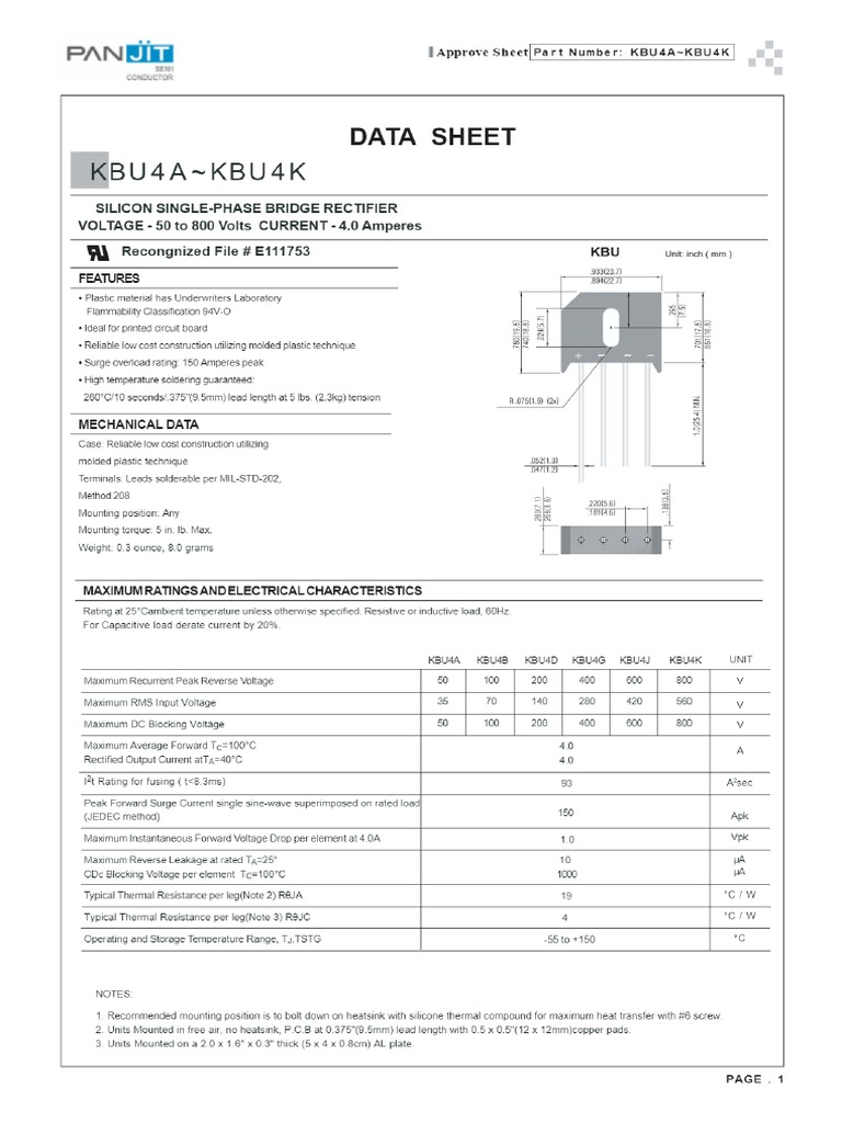 KBU4G PDF, KBU4G Description, KBU4G Datasheet, KBU4G | PDF