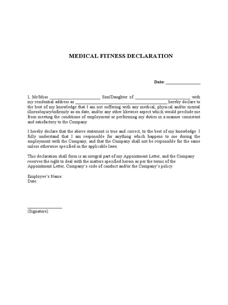 Medical Fitness Declaration - SR | PDF