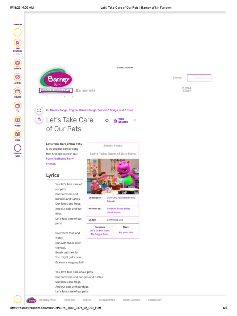 Let's Take Care of Our Pets - Barney Wiki - Fandom | PDF