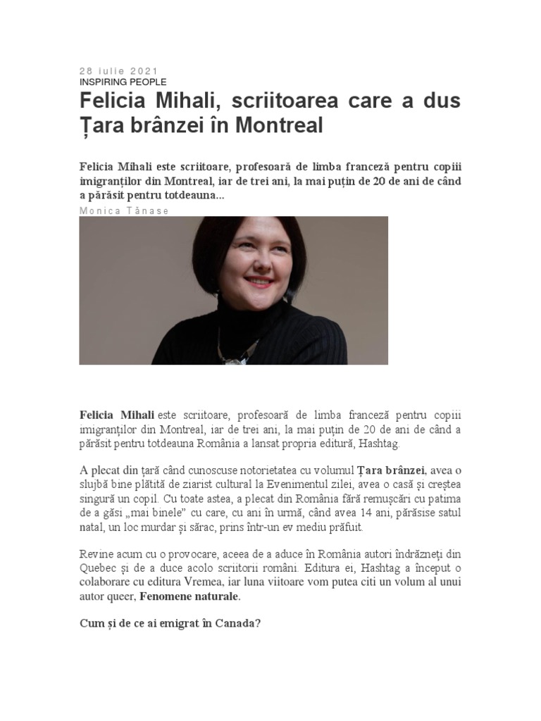 Felici Mihali, Scriitoarea Care A Dus Tara Branzei La Montreal | PDF