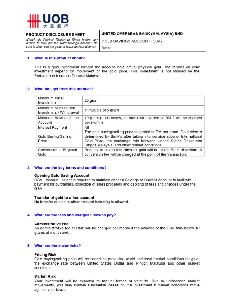 Product Disclosure Sheet GSA | PDF | Finance & Money Management