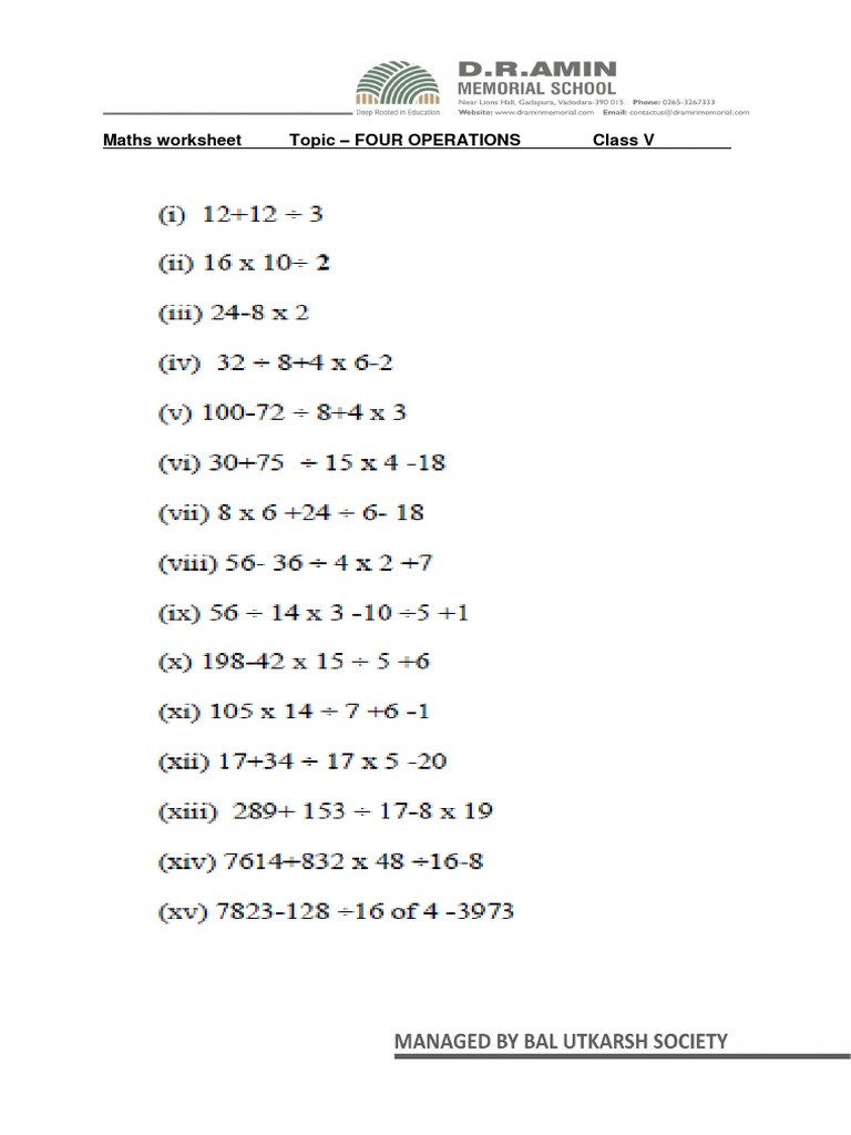 Maths Worksheet Topic - Four Operations Class V | PDF | Teaching Methods & Materials