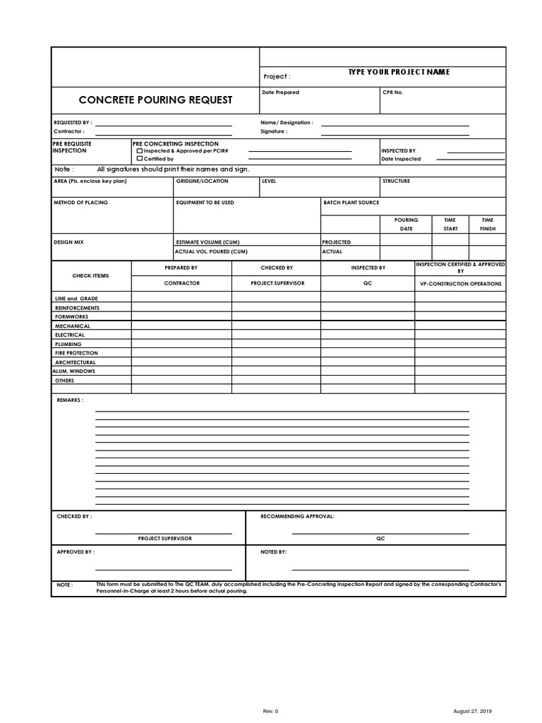 Concrete Pouring Request Form | PDF