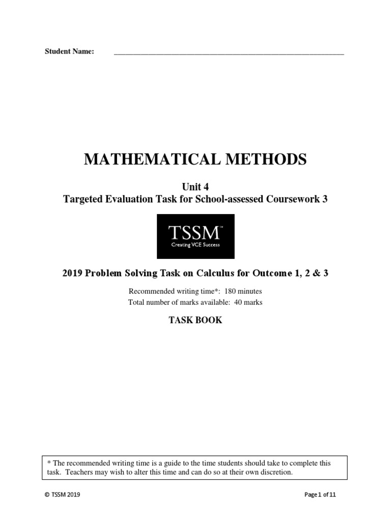 TSSM 2019 Unit 4MM - Problem Solving (Calculus) | PDF | Function (Mathematics) | Area