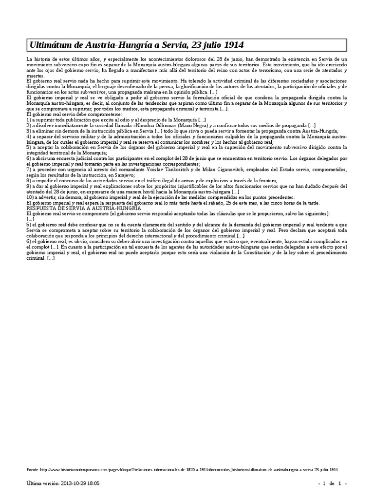 Ultimatum de Austrohungria A Servia (23 de Julio, 1914) | PDF | Austria ...