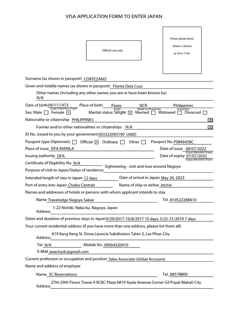 Japan Visa Application Form Sample | PDF | Travel Visa | Passport