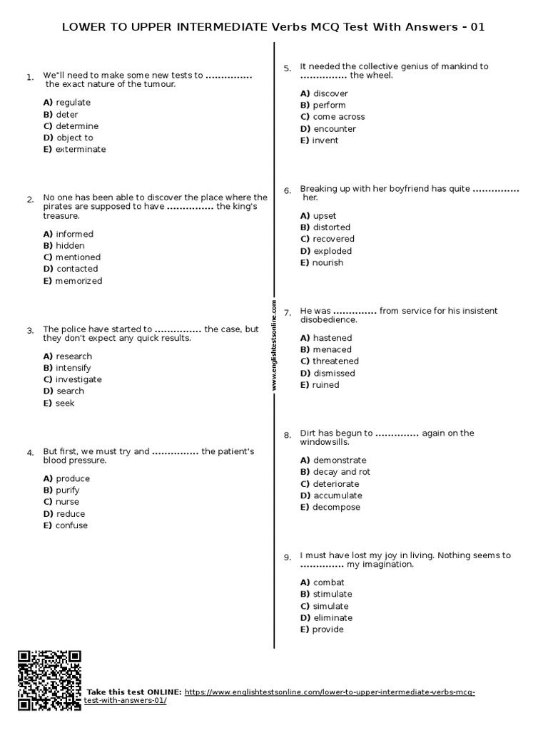 652 - Lower To Upper Intermediate Verbs MCQ Test With Answers 01 | PDF