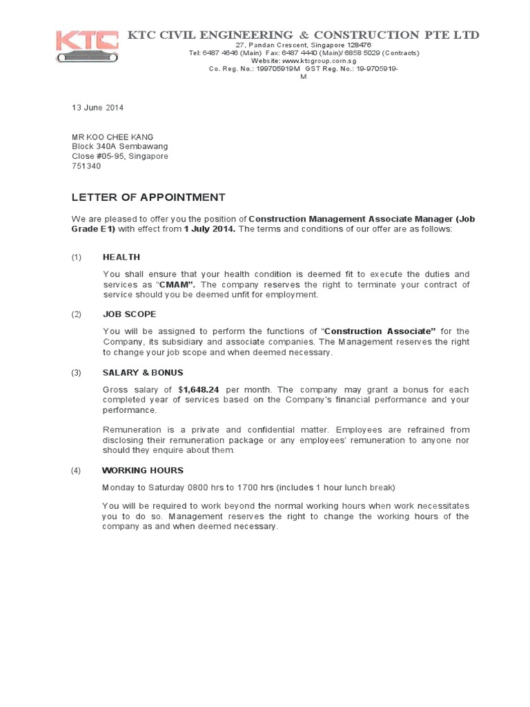 KTC Singapore Job Offer Letter | PDF