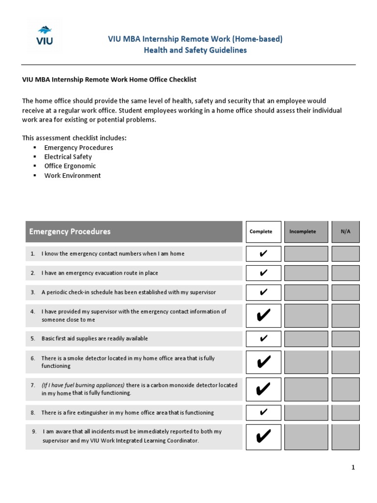 VIU MBA Internship Remote Work Safety Guidelines and Check List | PDF | Emergency | Occupational ...
