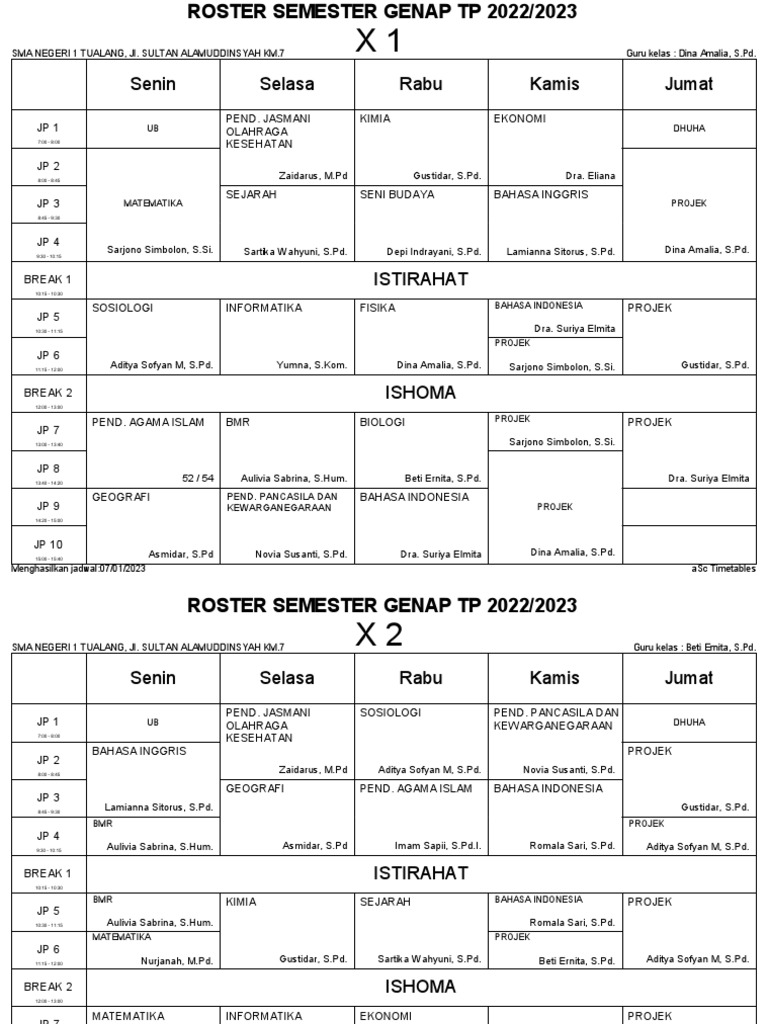 Jadwal Sem Genap Kelas X | PDF