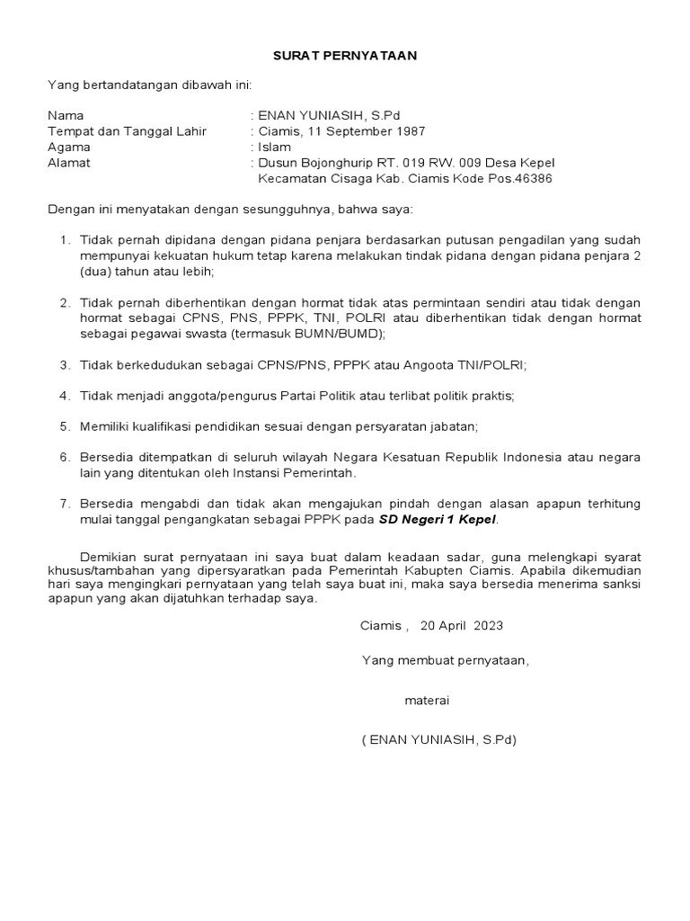 FORMAT SURAT PERNYATAAN PPK ALL Versi Pa Dedi | PDF