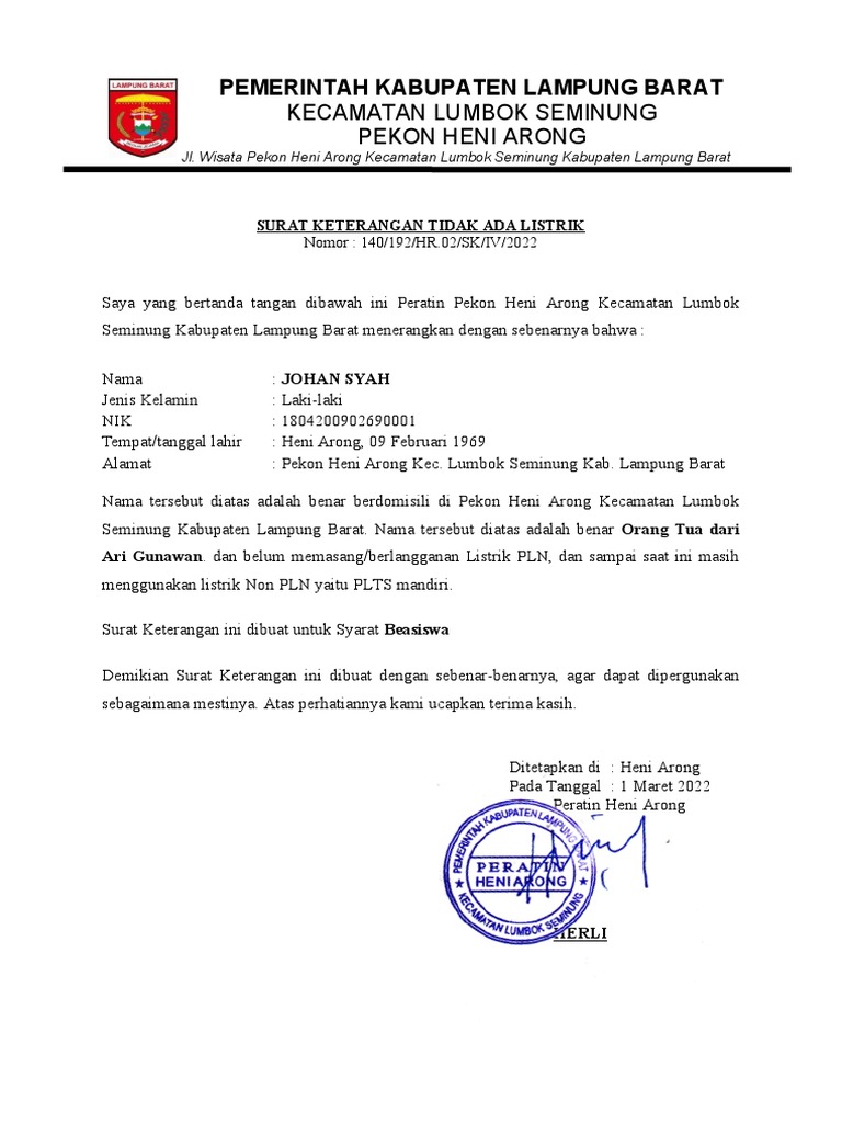 Surat Keterangan Belum Memasang Listrik | PDF