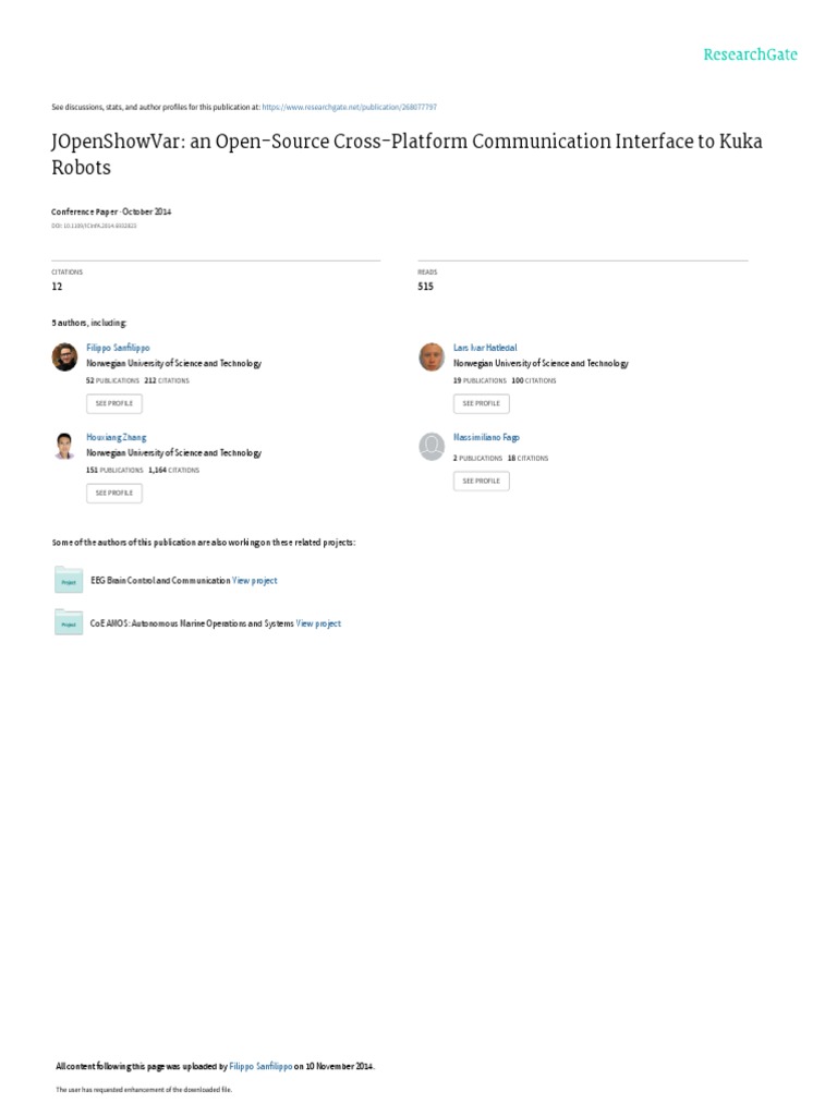 Jopenshowvar An Open Source Cross Platform Communication Interface To Kuka Robots Pdf