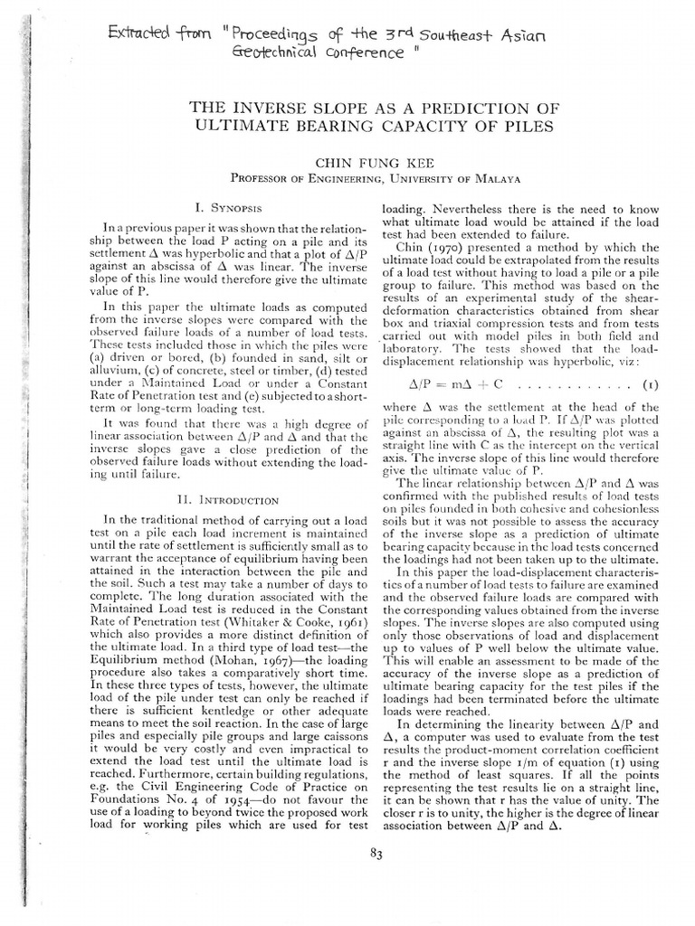 The Inverse Slope As A Prediction of Ultimate Bearing Capacity of Piles | PDF