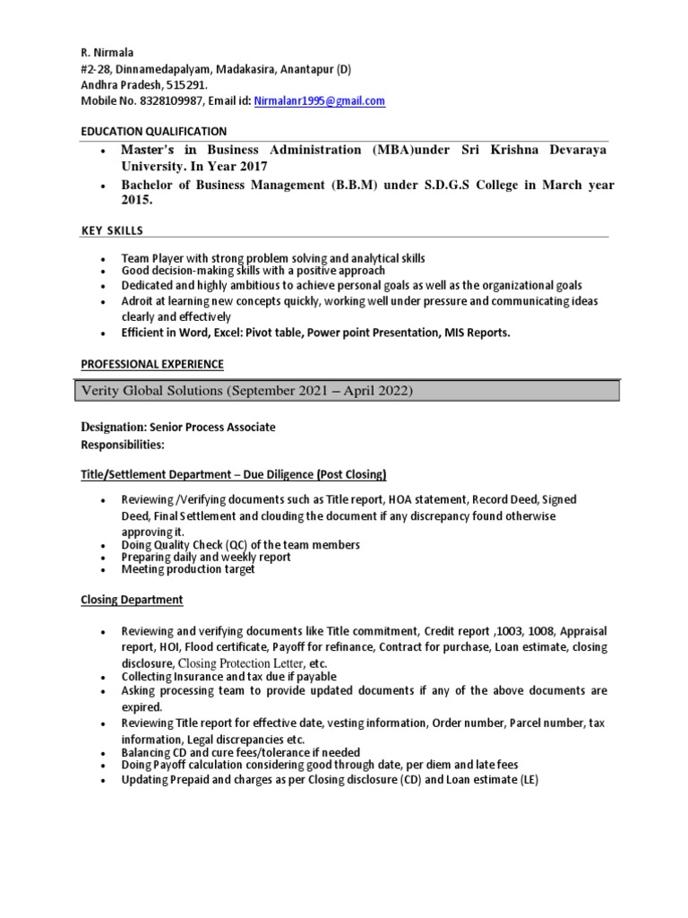 Nirmala Resume | PDF