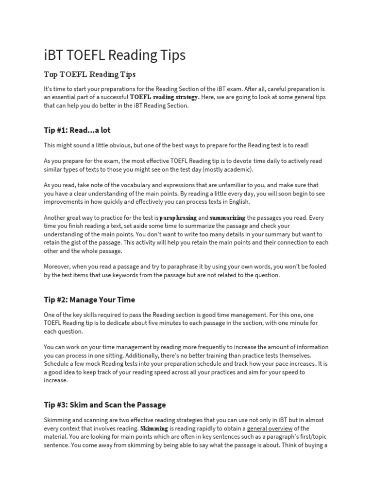 IBT TOEFL Reading Tips | PDF | Speed Reading | Vocabulary