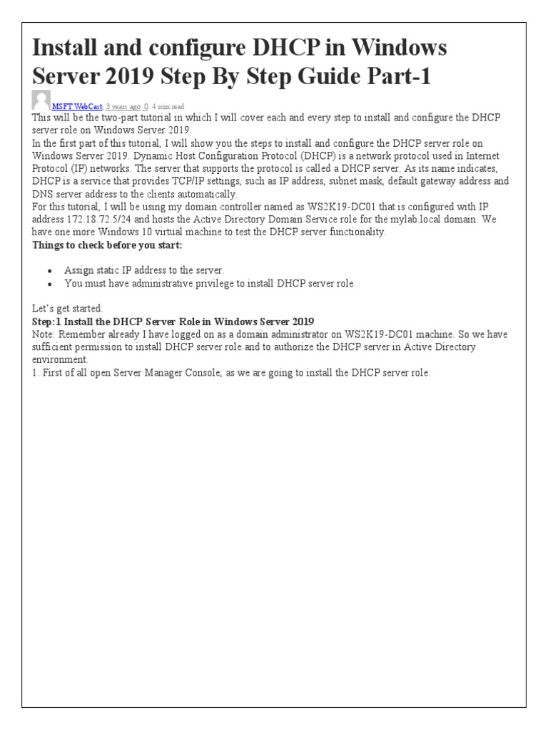 Install And Configure Dhcp In Windows Server 2019 Step Pdf Ip Address Domain Name System
