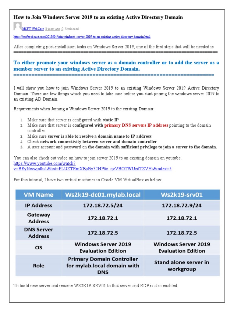 03 How To Join WS2k19-srv01 To An Existing WS2K19-DC01 | PDF | Active Directory | Internet