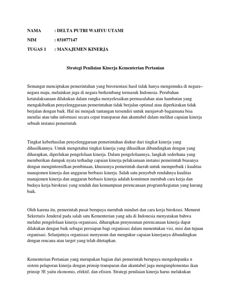 Tugas 1 - Manajemen Kinerja - Delta Putri Wahu Utami - 031077147 | PDF Tugas 1 - Manajemen Kinerja - Delta Putri Wahu Utami - 031077147 | PDF
