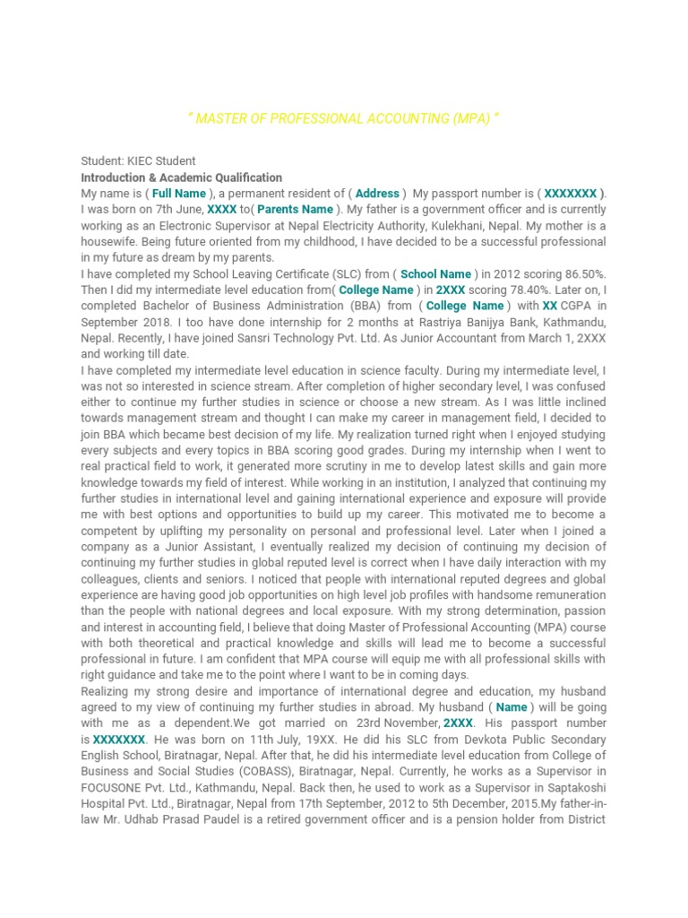 Statement of Purpose: " Master of Professional Accounting (Mpa) " | Download Free PDF | Cost Of ...