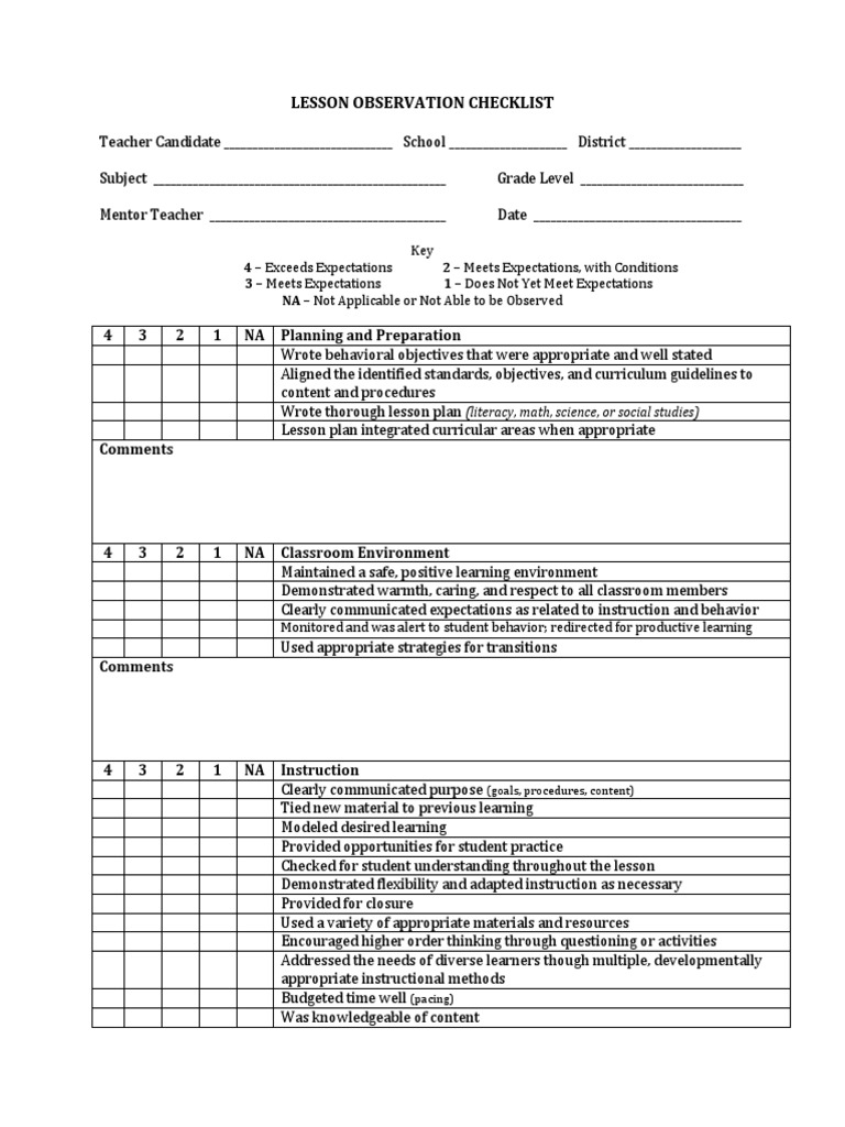 Lesson Observation Checklist Template | PDF