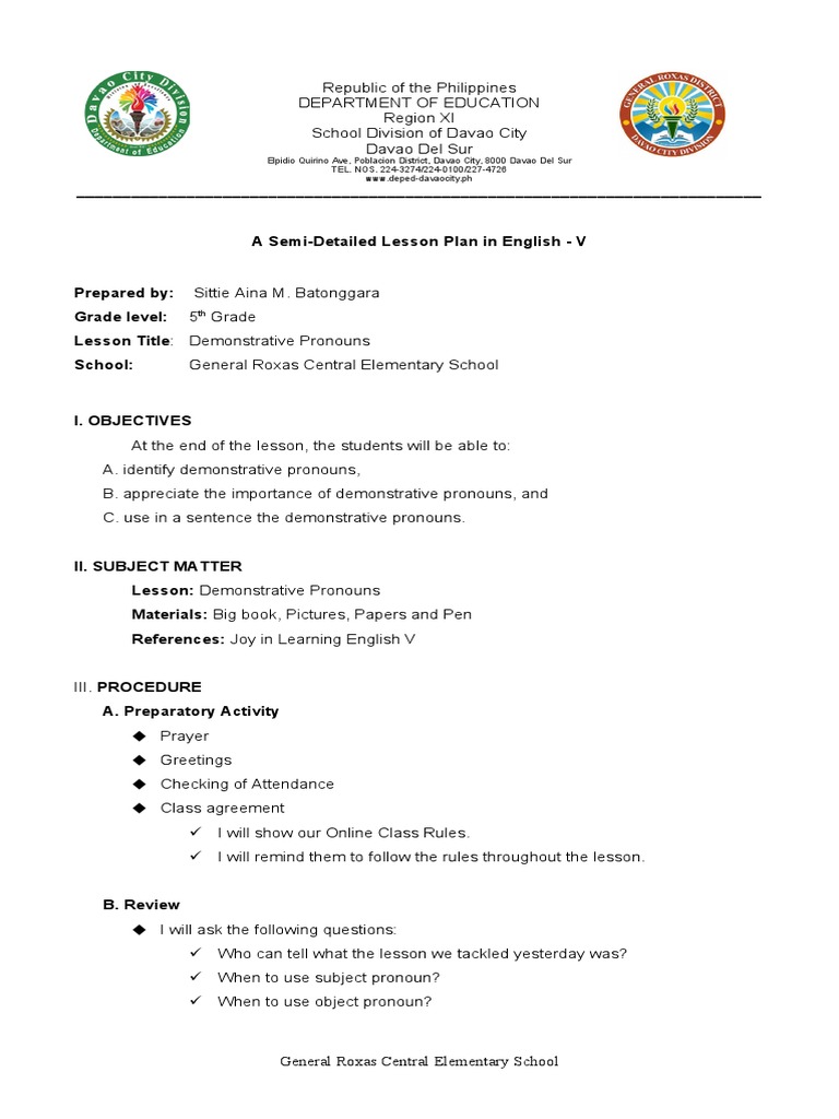 Lesson Plan: Demonstrative Pronouns for Grade 5 | PDF | Language Arts ...