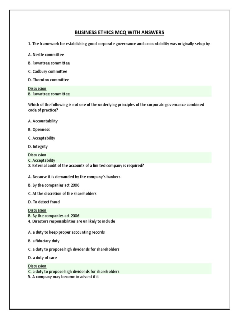 Business Ethics MCQ With Answers PDF | PDF | Corporate Social ...