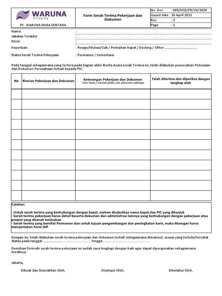 2.form Serah Terima Pekerjaan Dan Data Pekerjaan | PDF