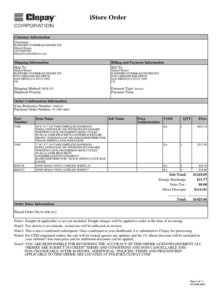iStore Order Confirmation for Radford Doors | PDF