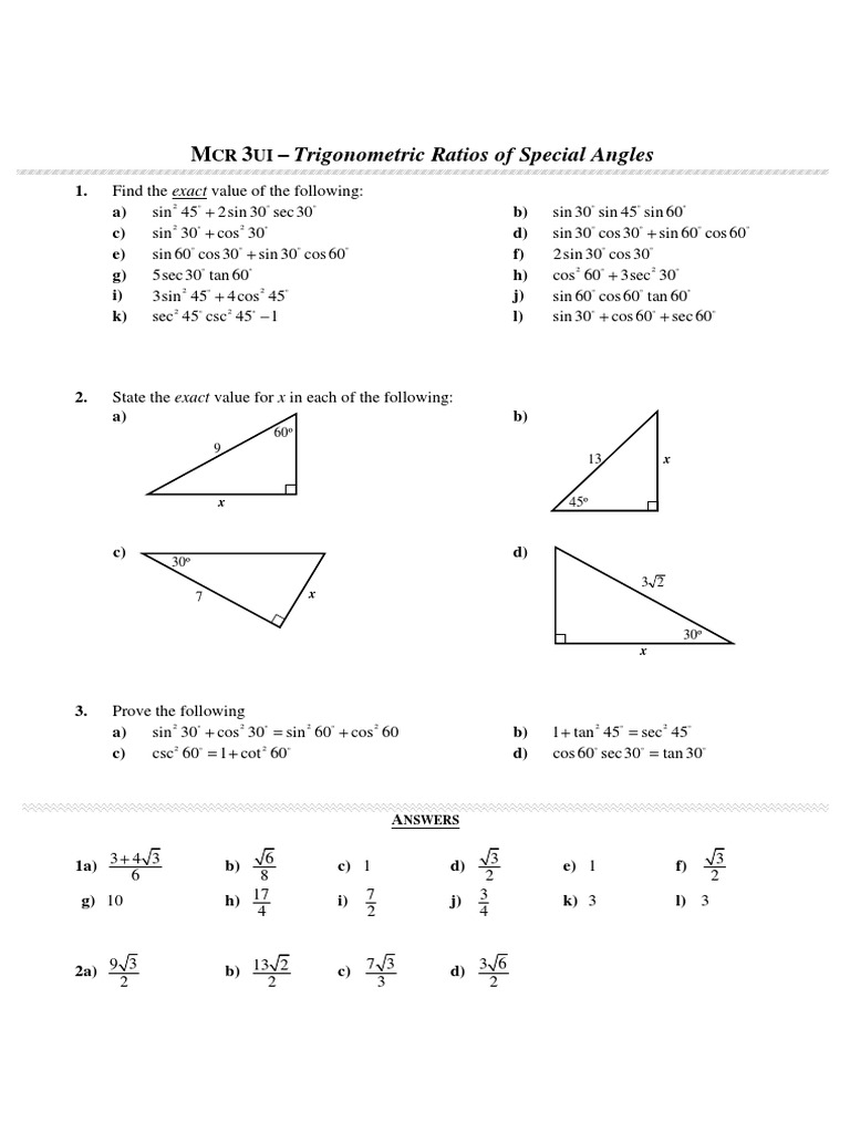 U5D6 Special Angles Extra Practice Worksheet 5 3 | PDF