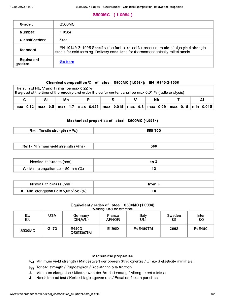 S500MC - 1.0984 - SteelNumber - Chemical Composition, Equivalent ...