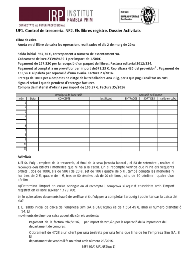 Dossier Activitats Control de Tresoreria | PDF
