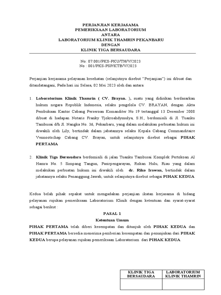 Draft Mou Laboratorium Klinik Tiga Bersaudara | PDF