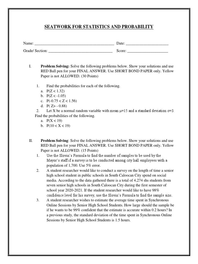Seatwork For Statistics and Probability | PDF | Career & Growth