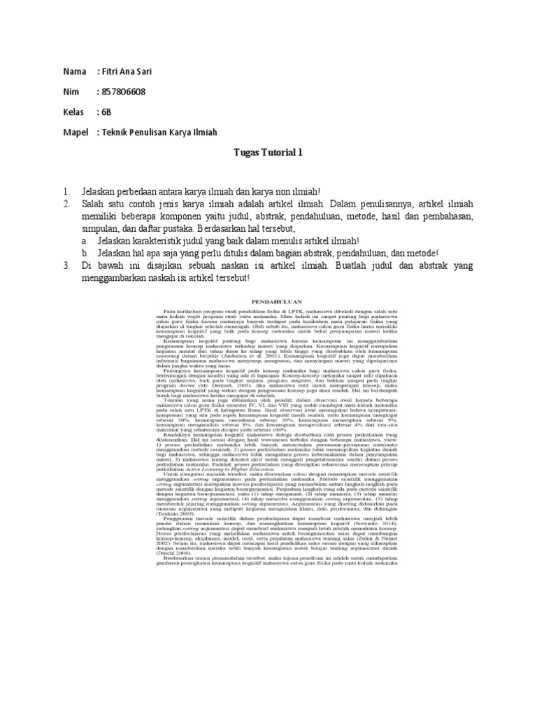 Tugas Tutorial 1 - Teknik Penulisan Karya Ilmiah - Fitri Ana Sari 857806608 (KLS 6B) | PDF