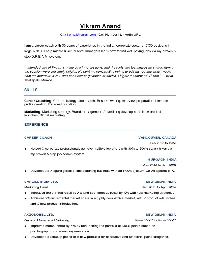 Vikram Anand: Career Coach Resume | PDF | Business
