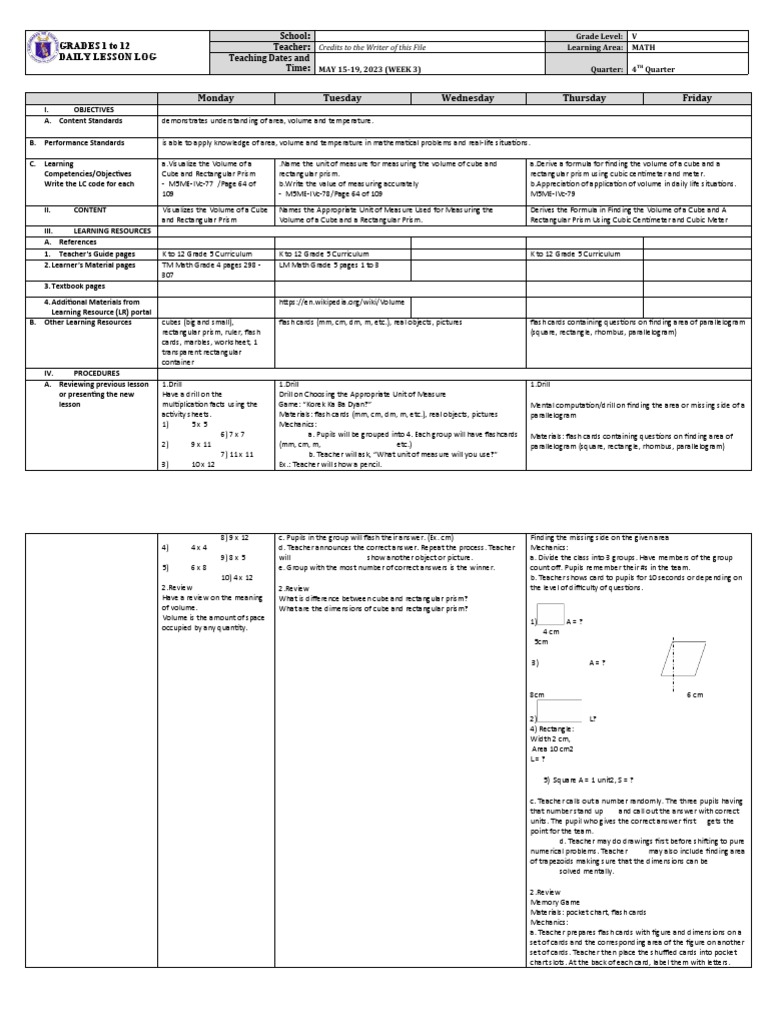 Grade 5 DLL MATH 5 Q4 Week 3 | PDF | Volume | Length