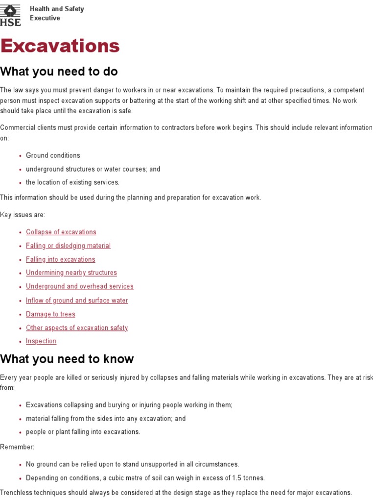 Excavations - Construction Safety Topics - HSE | PDF | Trench | Safety